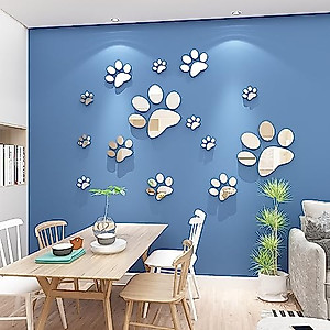 Pet Paw Print Wall Decals - Silver Mirror Acrylic Cat and Dog Footprint Stickers for Home Decor, Living Room, Bedroom, Kids' Room, Pet Stores, and Veterinary Clinics - Pet Lover Gift