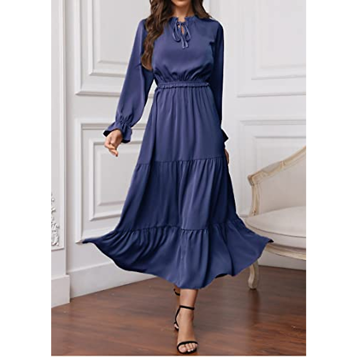 KIRUNDO Women's 2023 Fall Long Sleeve Tie Crew Neck Maxi Dress Casual Empire Waist Boho Ruffle Flowy Long Dresses(Navy, X-Large)