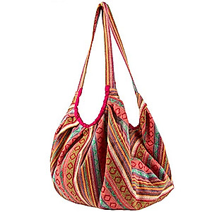 Tribe Azure Jacquard Cotton Shoulder Banana Style Fashion Travel Canvas Tote Bag Hobo Style Casual Market Purse Handbag (Pink)