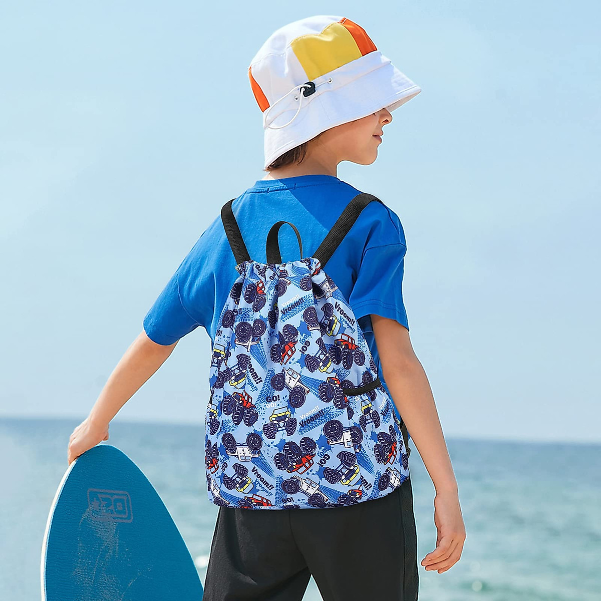 Ryushoyo Children Boy Girl Ocean Shark Print Drawstring Backpack Outdoor Casaul Portable Shoulder Bag Swim Gymsack Sack Pack Dark Blue