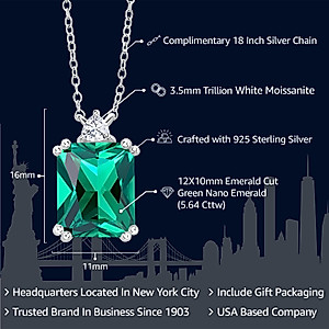 Gem Stone King 925 Sterling Silver Gemstone Birthstone and White Moissanite Pendant Necklace For Women | Emerald Cut 12X10MM | Trillion 3.5MM | with 18 Inch Chain
