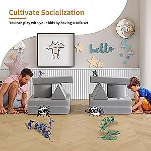 Kids Couch 13PCS, Modular Toddler Couch with 2 Ottomans, Fold Out Kids Couch for Playroom Bedroom, Modular Kids Couch for Boys and Girls, Kids Play Couch for Kids(50.5"L×25.2"W×17.3"H) (Gray, M)