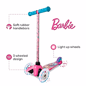 Barbie Self Balancing Kick Scooter with Light Up Wheels, Extra Wide Deck, 3 Wheel Platform, Foot Activated Brake, 75 lbs Limit, Kids & Toddlers Girls or Boys, for Ages 3 and Up