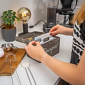 KitchenMania Wood Recipe Box with Cards,Wood Dividers 4x6 Vintage Style Set,100 Double Sided Recipe Cards,100 Recipe Card Protectors, Gift for Grandma Mom Women Wedding Bridal Shower Rustic Black