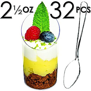 DLux 32 x 2.5 oz Mini Dessert Cups with Spoons, Slanted Round - Clear Plastic Parfait Appetizer Cup - Small Reusable Serving Bowl for Tasting Party Desserts Appetizers - With Recipe Ebook