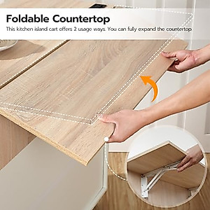 HOOBRO Kitchen Island with Storage, Rolling Kitchen Island with Folding Drop Leaf, Charging Station, Spice Rack, Drawer, Mobile Kitchen Island On Wheels, for Kitchen, White and Natural WN95UZD01