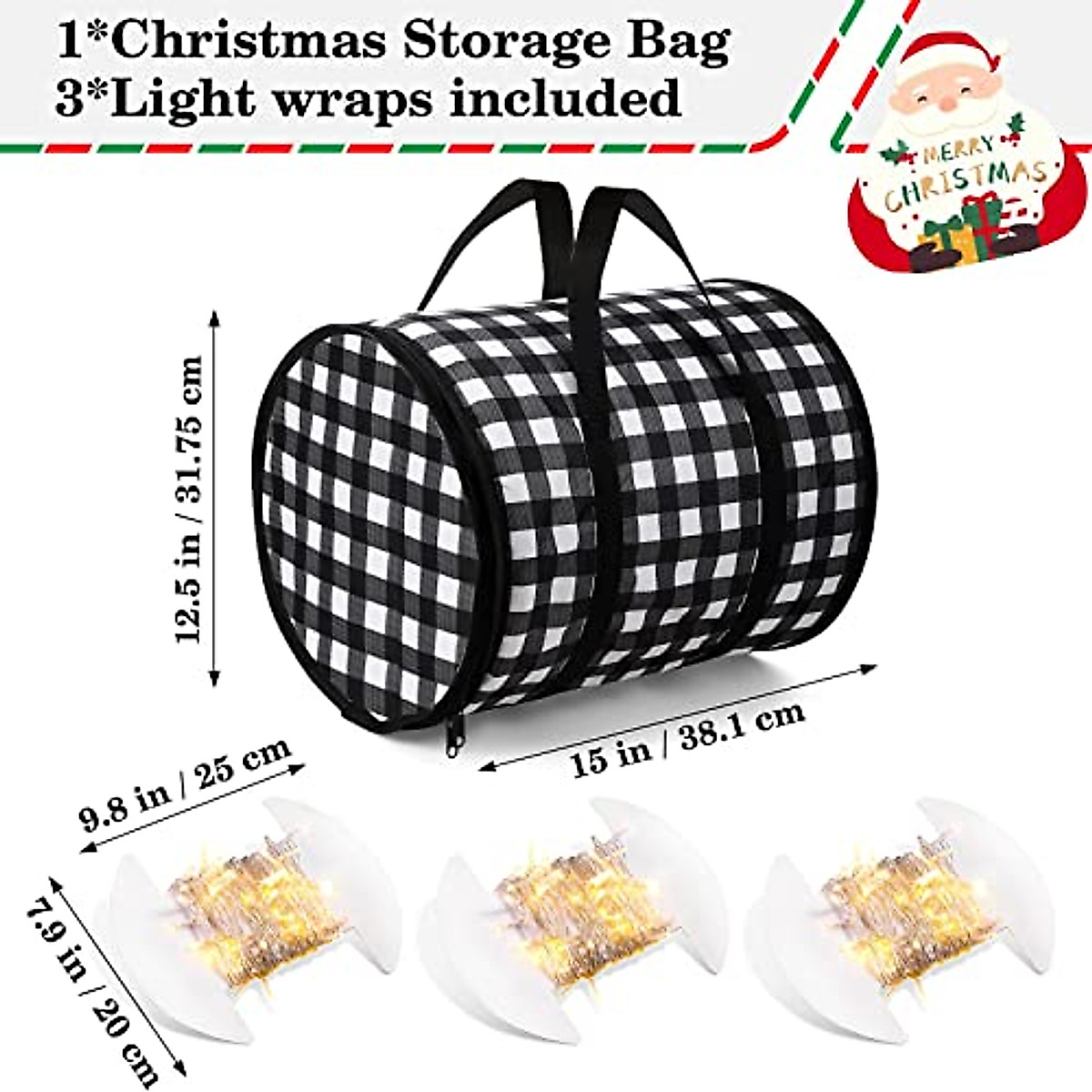 4 Pcs Light Storage Bag Buffalo Plaid Thickened Light Storage Bag with 3 Pcs Cardboard Wraps, Large Light Bulb Storage Bag with Zippered Closure for Holiday Festival (Black Buffalo Plaid)