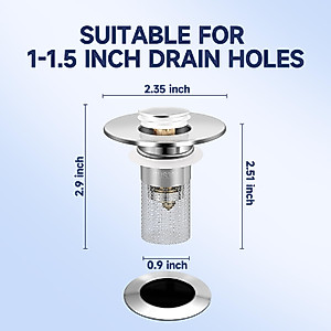 Bathroom Sink Drain Strainer, 2 in 1 Pop Up Bathroom Sink Stopper with Hair Catcher Basket, Universal Wash Basin Drain Stopper for 1~1.5 Inch Drain Holes, Sink Drain Filter Anti-Clogging