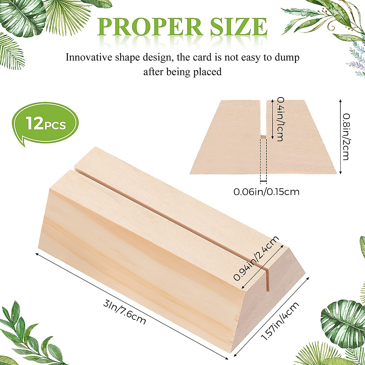 12 Pieces Wood Place Card Holders Trapezoidal Wooden Table Number Holder Sign Support Stands for Name Card for Wedding Retail Shop Birthday Party Events Home Decoration (0.06 Inches)