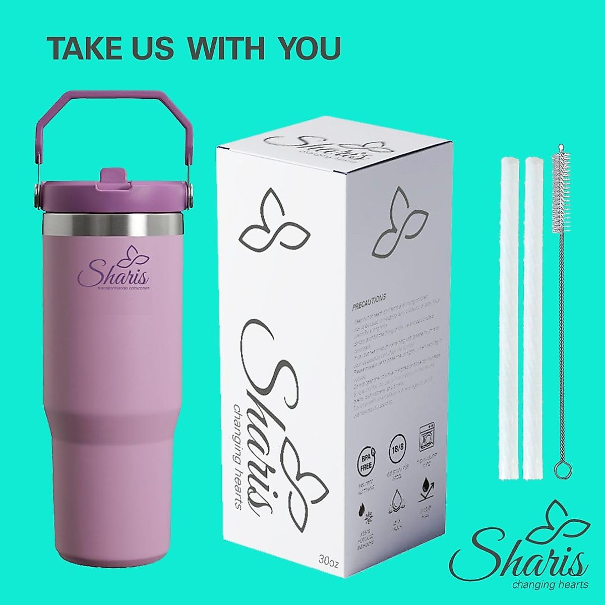 SHARIS 30 oz Tumbler with Flip Straw - Leak Proof - Water Tumbler with Flip Handle - No Spill Tumbler - Cup Friendly -Vacuum Insulated - Handle on Top - Bonus 1Straws 1 Cleaning Brush (Pink)