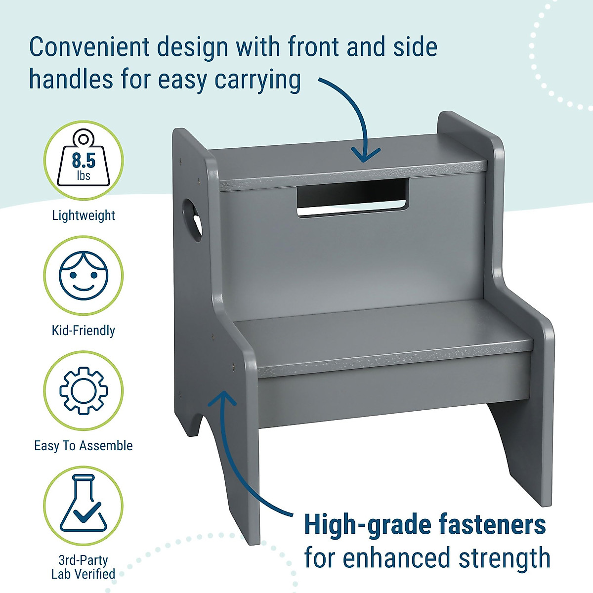 Wildkin Wooden Two-Step Stool for Kids and Adults, Perfect Kitchen Step Stool or Bathroom Potty Stool, Kids Stepping Stool Features Two Convenient Carrying Handles, Ideal for Home Use (Gray)