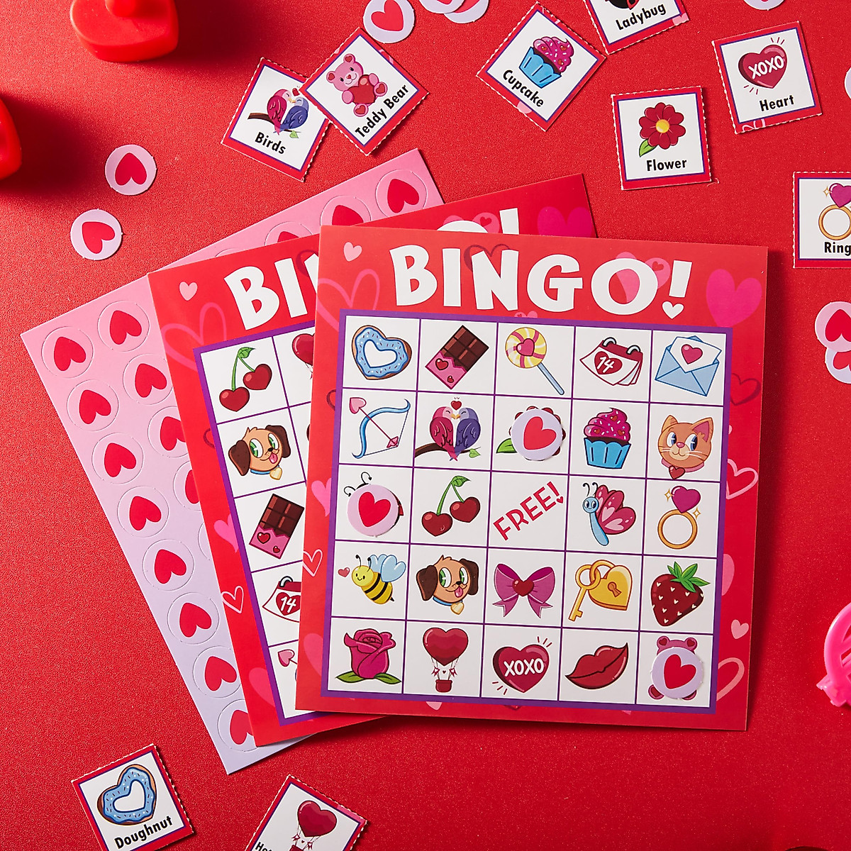 JOYIN 28 Players Valentine's Day Bingo Set, Game Cards for Kids School Classroom Party Supplies, Family Activity