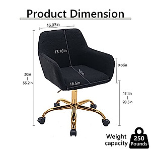 HomVent Furry Cute Office Chair, Teddy Swivel Desk Chair, Faux Fur Makeup Vanity Chair with Back, Black and Gold Desk Chair with Wheels, Upholstered Rolling Chair for Vanity Makeup Room Girls Women