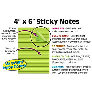 Lined Sticky Notes, 4 x 6, 6 Pack, 300 Sheets (50/Pad), Self Stick Notes with Lines, 6 Bright Assorted Colors, by Better Office Products, Post Memos, Strong Adhesive, 6 Pads