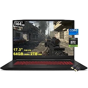MSI Katana GF76 17 Gaming Laptop I 17.3” FHD IPS 144Hz I Intel 8-Core i7-11800H I 64GB DDR4 2TB SSD I GeForce RTX 3050 Ti I USB-C HDMI Backlit Win10 Black w/DLCA Accessory