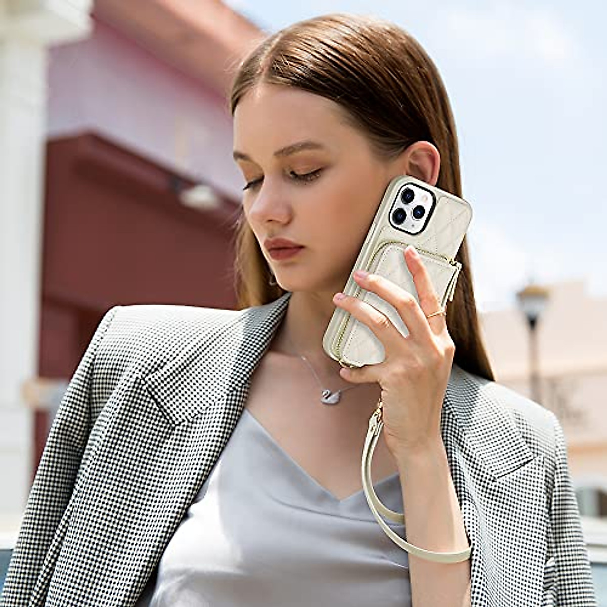 LAMEEKU iPhone 11 Pro Max Case Wallet, Card Holder Case Quilted Leather Crossbody Wallet Case for Lady with Wrist Strap Shockproof Case Compatible with iPhone 11 Pro Max, 6.5"-Beige