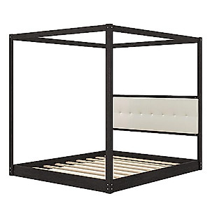 HAUSHECK King Size Canopy Bed with Upholstered Headboard, Four-Poster Queen Canopy Platform Bed Frame, Wood Floor Bed Frame with Sturdy Wooden Slatted Structure, No Box Spring Needed, Easy Assembly