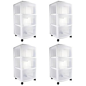 Sterilite 28308002 Home Stackable 3 Drawer Wide Plastic Storage Organizer Container with Drawers and Rolling Wheels, White (Set of 4)
