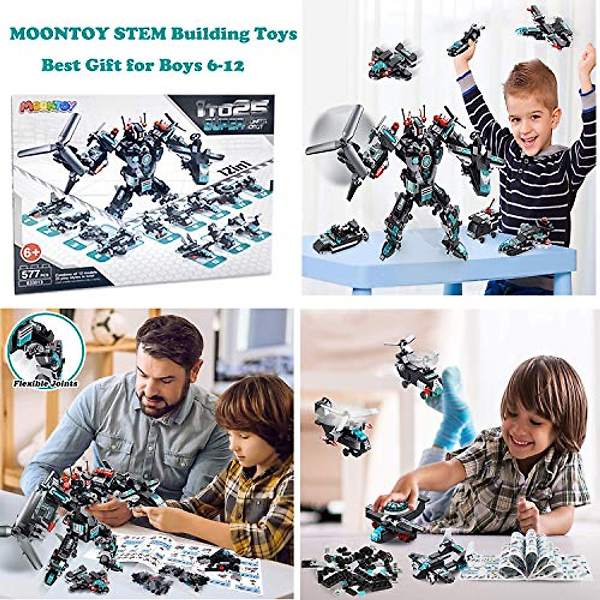 MOONTOY 577PCS STEM Robot Building Toys Set 25-in-1 Engineering Kit Building Blocks Bricks Construction Vehicles Educational Christmas Birthday Gifts for Kids Boys Girls 5 6 7 8 9 10 11 12+ Year Old