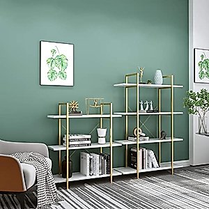 IOTXY 3-Tier Open Shelf Bookcase - Modern Freestanding Wooden Display Stand Unit with Metal Frame for Home and Office, Bookshelf, Gold White