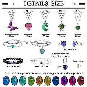 LOLIAS 15Pcs Mood Rings with Mood Necklaces Bracelets and Earrings, Adjustable Temperature Sensing Color Changing Mood Rings, Metal, No Gemstone