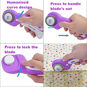 Rdutuok Rotary Cutter Set 45mm Fabric Cutter Set Quilting Kit, 5 Replacement Blades, A3 Cutting Mat(18X12"), Acrylic Ruler,Sewing Pins,Craft Knife and Craft Clips for Sewing and Crafting (Purple)