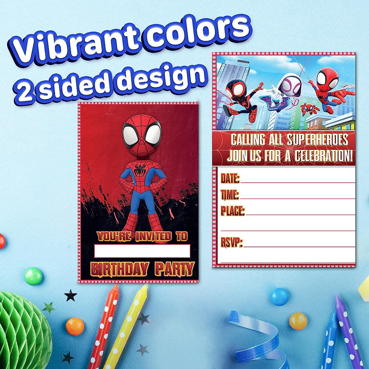 Set of 20 Spidey -Themed Happy Birthday Invitation Cards & Envelopes - Lightweight (240g), Postcard Style Invites for the Perfect Party Pack