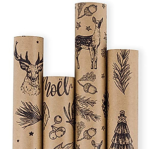 RUSPEPA Christmas Wrapping Paper - Brown Kraft Paper with Black Christmas Elements Print Paper - 4 Roll-30Inch X 10Feet Per Roll