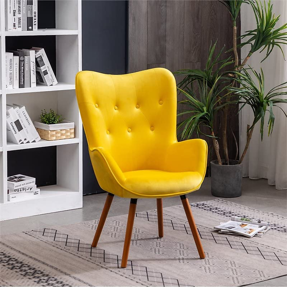 Roundhill Furniture AC155YL Doarnin Silky Velvet Tufted Button Accent Chair, Yellow 30D x 41.5W x 26.8H in