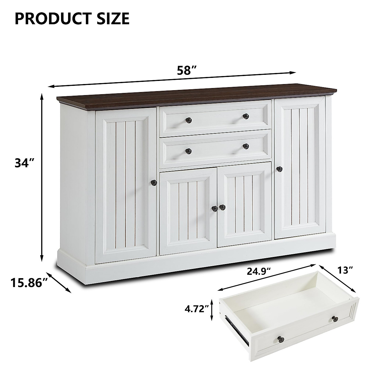 IFGET Farmhouse 58" Buffet Cabinet with Storage, 34" Tall Coffee Bar Cabinet w/2 Large Drawers & 4 Grooved Barn Doors, Wood Rustic Sideboard Buffet Cabinet for Dinning Room, Kitchen, Living Room,White