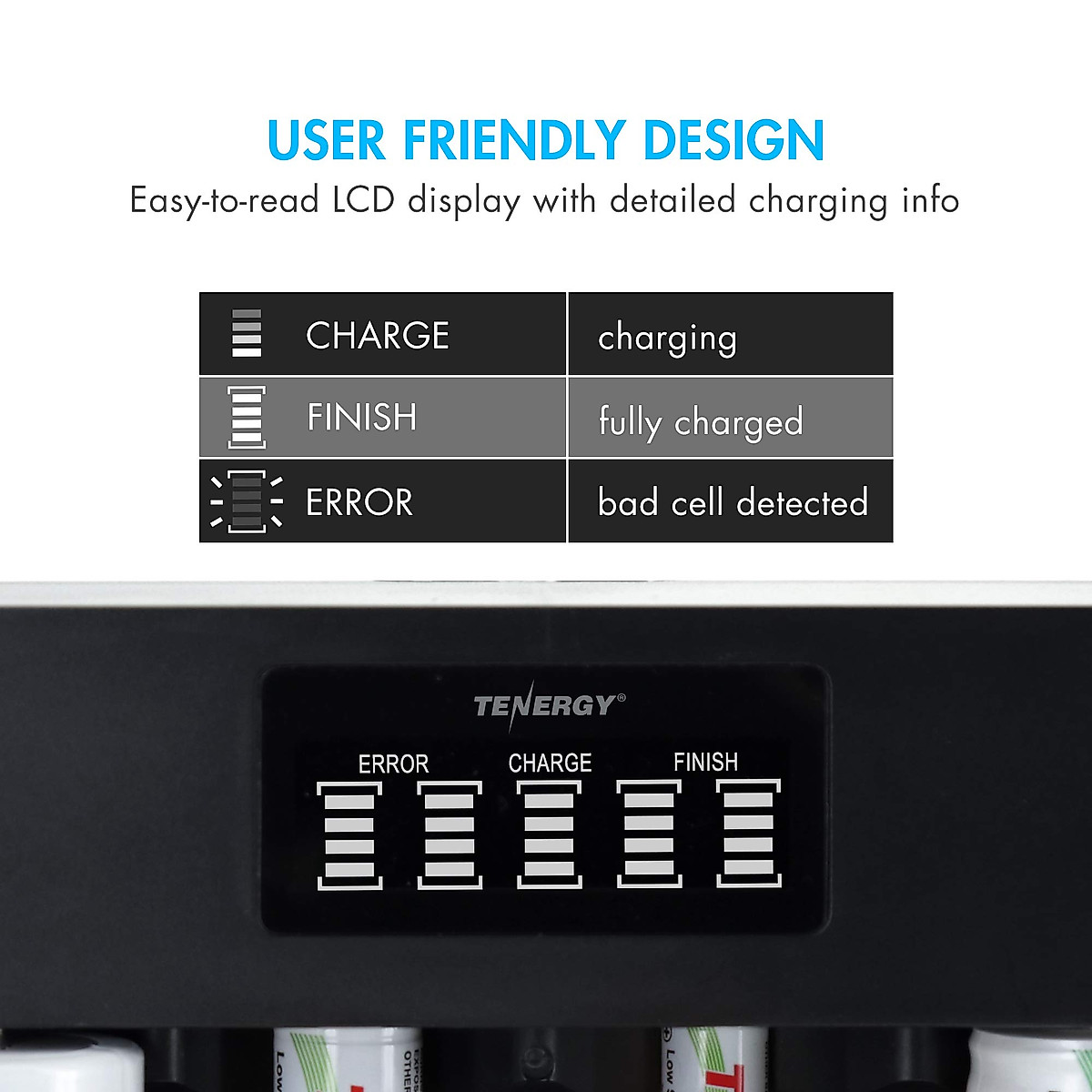 Tenergy TN486U 5-Bay Universal Battery Charger with LCD, Micro USB/Type C Input, for AA, AAA, C, D, and 9V Rechargeable Batteries