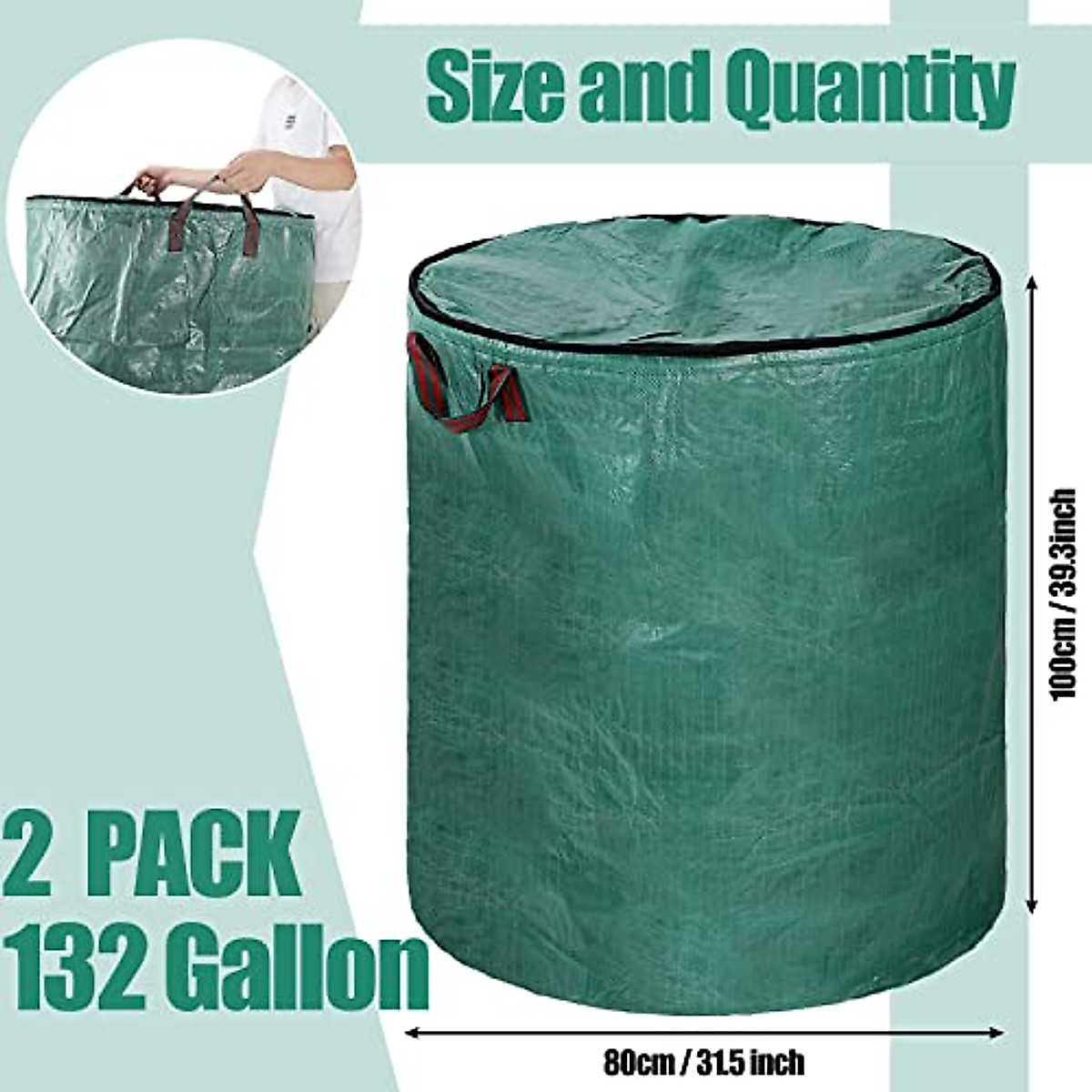 2 Pack Reusable Yard Lawn Waste Management Bags, Collapsible Garden Grass Leaf Bag Holder with Lid and Handle, Extra Large Heavy Duty Gardening Container for Garbage Dumpster Debris (132 Gallon)
