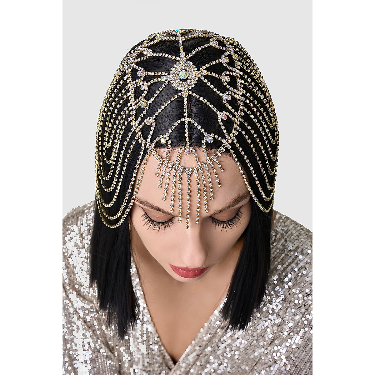 BABEYOND Vintage Style Roaring 20s Crystal Rhinestone Flapper Cap Headpiece Head Jewelry Chains (Gold)