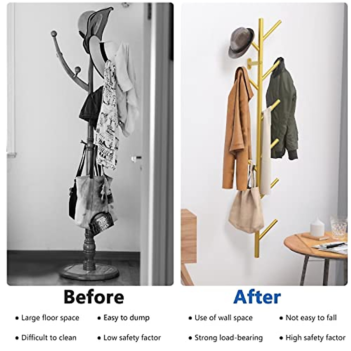 Omsaca Wall Mounted Coat Rack, Hat Tree For Wall, Modern Metal Wall Clothes Rack, Purse Rack With 11 Hooks, Space Saving And Easy Installation, Suitable For Living Room, Bedroom, Entryway-Tree Golden