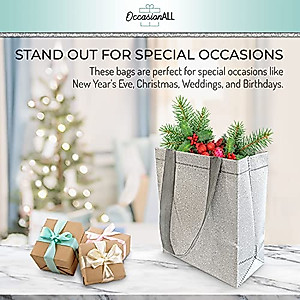 Silver Gift Bags - 12 Pack Medium Silver Reusable Gift Bag Tote with Handles, Glitter Metallic Bling Shimmer, Eco Friendly for Kids Birthdays, Bridesmaids, Party Favors, Grocery Shopping - 8x4x10