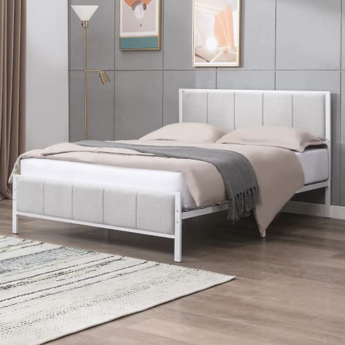 BALUS California King Size Bed Frame, Linen Upholstered Platform Bed Bedroom, Bed Frame with Channel Tufted Headboard, No Box Spring Needed - Light Grey