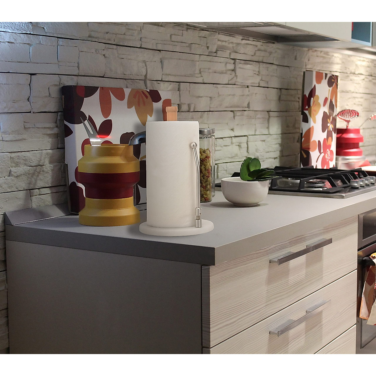 Marble and Wood Paper Towel Holder with Stainless Steel Arm