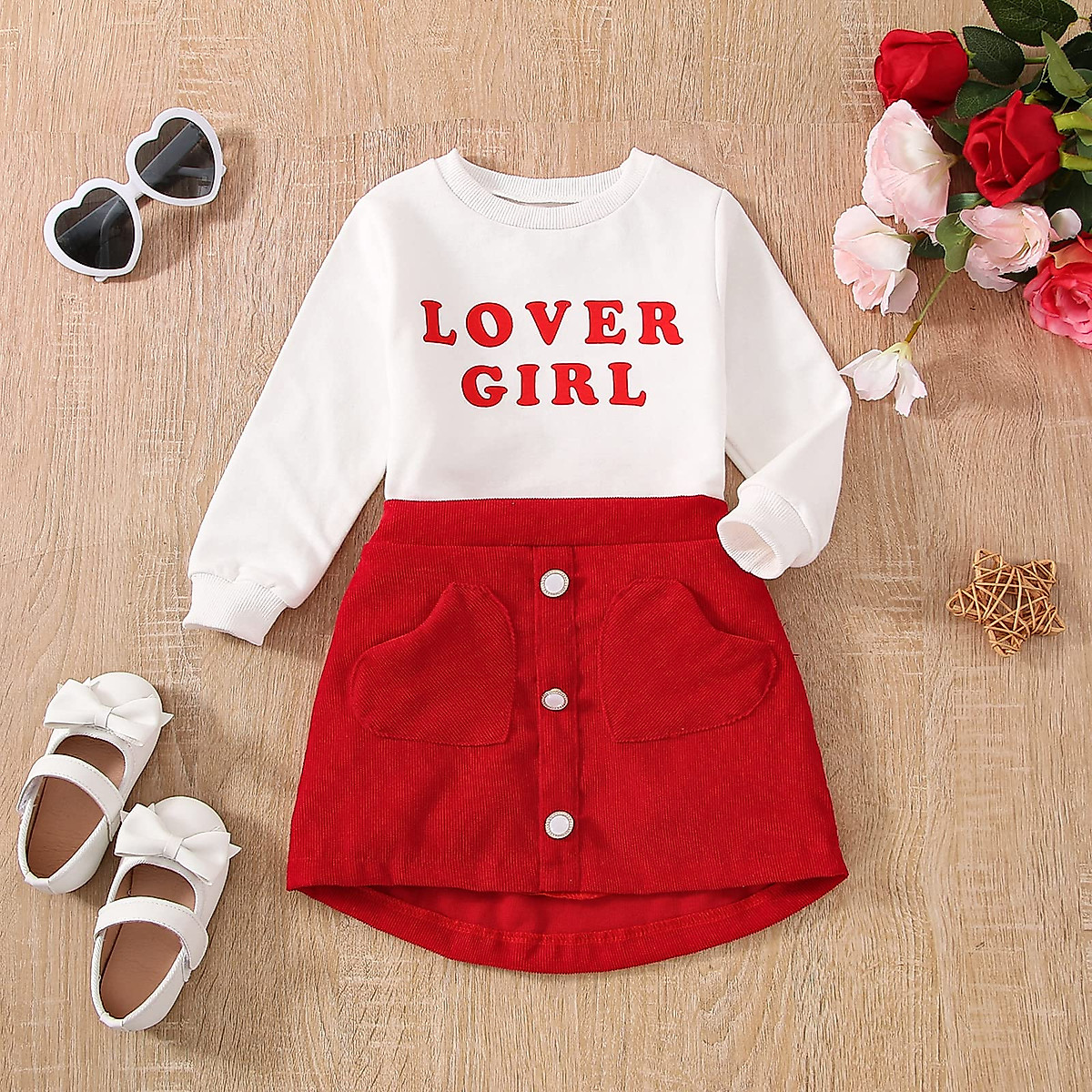 Toddler Valentines Day Outfit Baby Girl Valentines Shirt Love Sweatshirt+Heart Corduroy Skirts Cute Clothes Set (Lover Girl Red,4-5T)