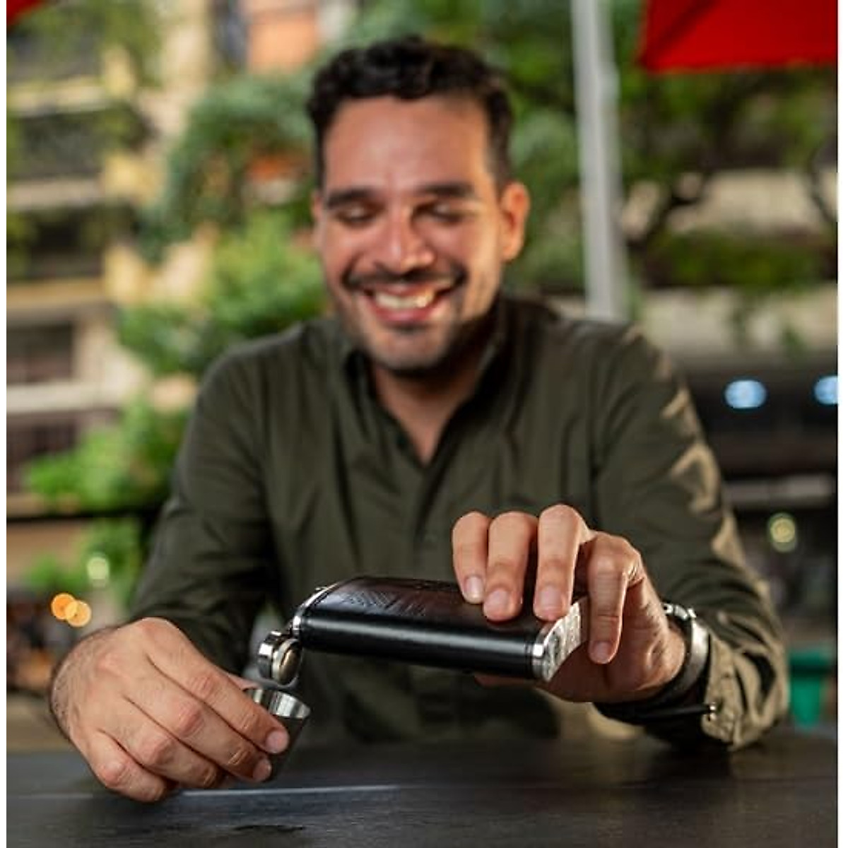 Rush1 8oz Leather Flask for Men – Custom American Flag Skull Design – Wrap Stainless Steel Set with Funnel and 2 Shot Glasses – Ideal for Whiskey or any Liquor.