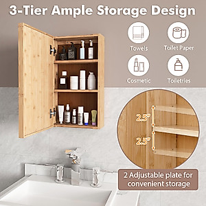 RELAX4LIFE Bamboo Medicine Cabinet with Mirror - Bathroom Cabinet Wall Mount w/Single Door, 2 Adjustable Shelves, Hanging Small Storage Cabinet for Entryway Living Room, Mirrored Bathroom Wall Cabinet