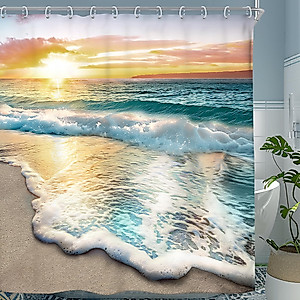 Riyidecor Ocean Coastal Hawaiian Sunrise Shower Curtain 72x84 Inch Sea Wave Summer Beach Seaside Scene Island Blue Fabric Set Waterproof 12 Pack Hooks BB-JWXP
