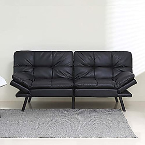 TMEOSK 71" PU Convertible Futon Sofa Bed, Modern Folding Lounge Couch Loveseat Sleeper Sofa, Upholstered Couch with Adjustable Back for Living Room Bedroom Apartment (Black + PU)