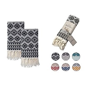 T&I Home Aztec Decorative Turkish Hand Towels for Bathroom - Set of 2 (16x40) Black, Soft 100% Cotton - Quick Dry, Prewashed, No Shrink - Farmhouse Boho Kitchen Towel Set, Hair, Face, Tea, Dish