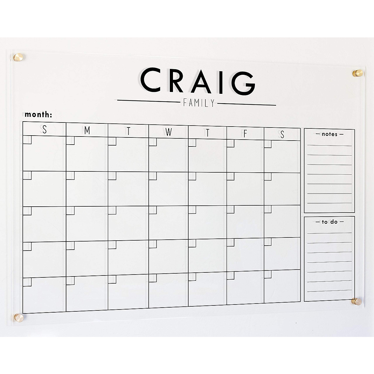 Custom Acrylic Calendar | Landscape Dry Erase Acrylic wall Calendar | Custom name and boxes | floating Wall Calendar with last name or family name