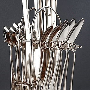 JASHII 24-Piece Hanging Flatware Set & Holder/Stand,Stainless Steel Knives Forks and Spoons Cutlery Set Service for 6, Dishwasher Safe, Nice Family Utensil Gift Set - Shiny Silver