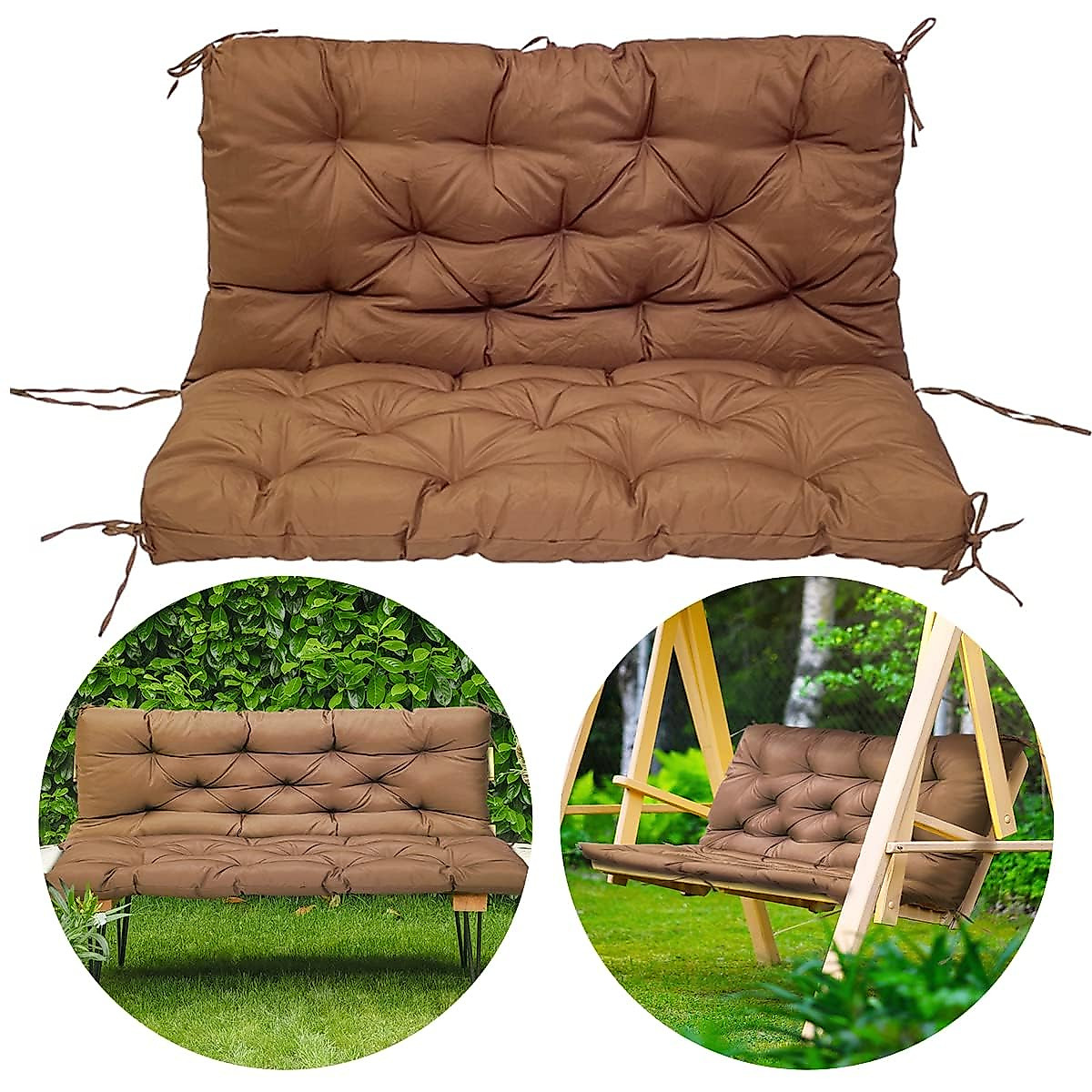 Matalde Outdoor Swing Cushions Swing Cushions 3 Seater Replacement with Backrest and Straps Waterproof Thicken 3" Outdoor Swing Cushions for Patio Garden Furniture Terrace-60x40 inches,Dark Brown
