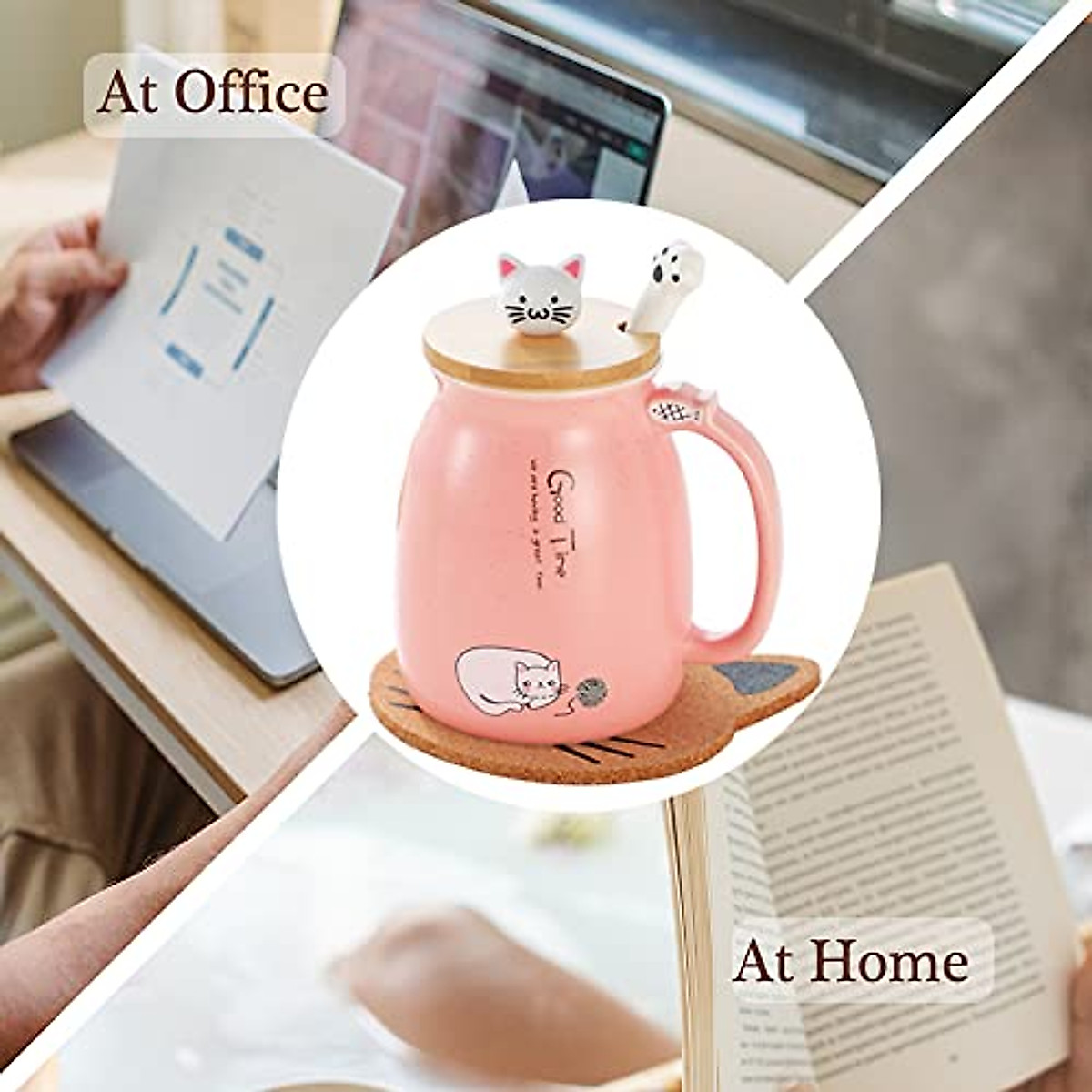 BigNoseDeer Cat Mug Cute Ceramic Coffee Mugs with Lovely Kitty Lid Cat Paw Spoon kawaii Coaster Novelty Tea Cup Pink Mug for Women Christmas Mug Mothers Day Gifts Birthday Gifts 380ML