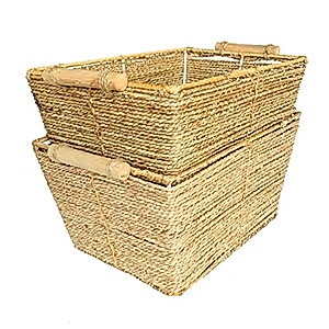 MARLIC Rectangular Seagrass Woven Storage Basket with Handles - Natural Seagrass Baskets for Organization and Storage - Medium - Trapezoid 12x8x6 IN (2)