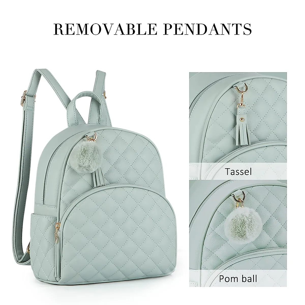 ECOSUSI Mini Backpack for Women Leather Small Backpack Purse for Ladies Cute Pom Bookbag Travel Shoulder Bag with Charm Tassel Green