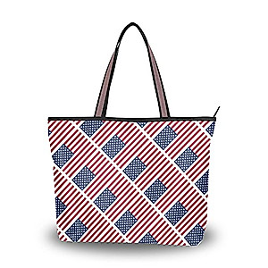 American Flag Tote Bag Aesthetic, Large Capacity Zipper Women Grocery Bags Purse for Daily Life 2 Sizes